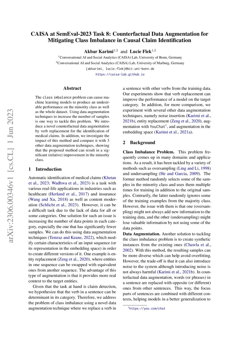Caisa At Semeval 2023 Task 8 Counterfactual Data Augmentation For Mitigating Class Imbalance In