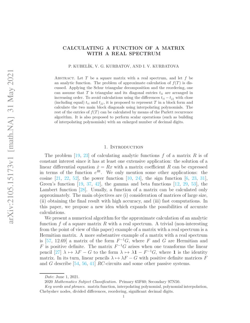 Calculating a function of a matrix with a real spectrum | DeepAI