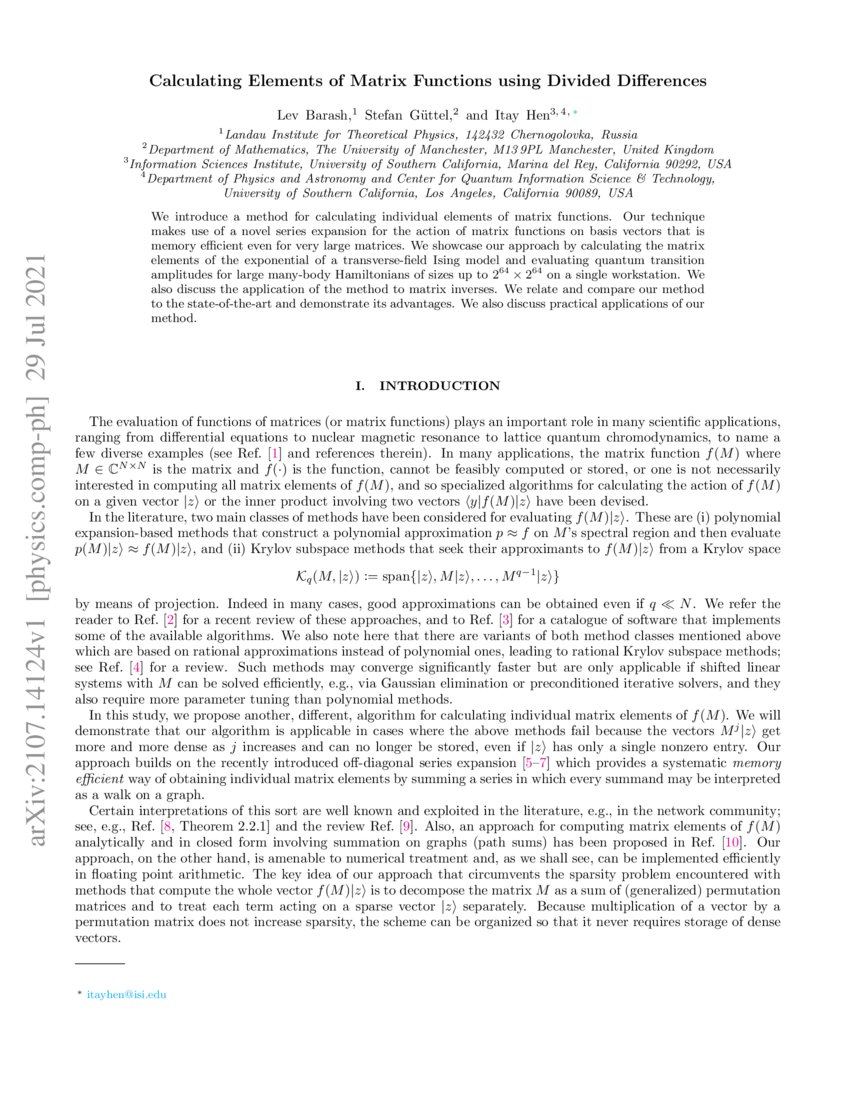 Calculating elements of matrix functions using divided differences | DeepAI