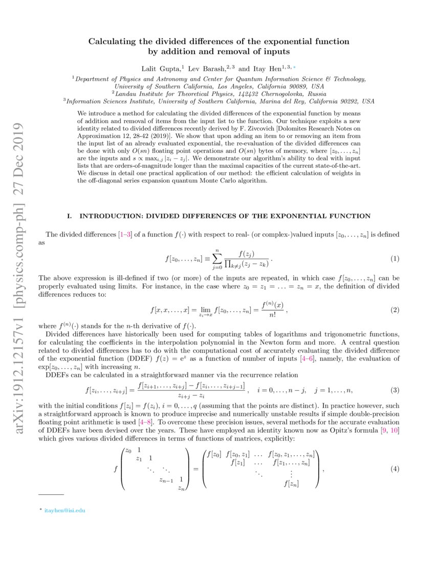 Calculating the divided differences of the exponential function by addition and removal of ...