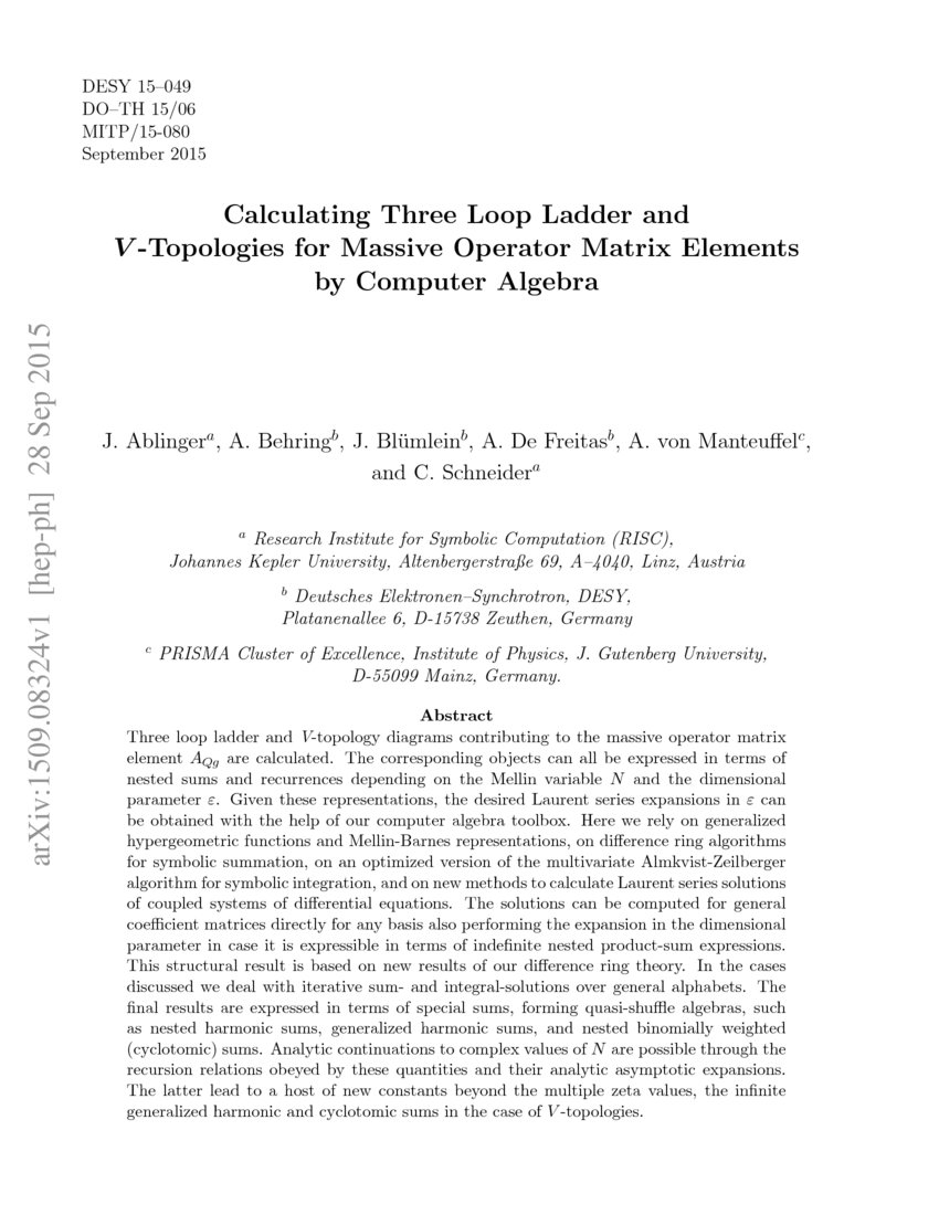 Calculating Three Loop Ladder and V-Topologies for Massive Operator Matrix Elements by Computer ...