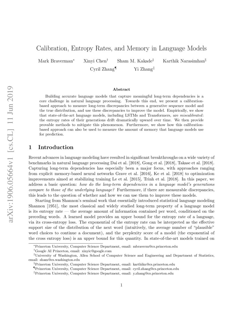 Calibration, Entropy Rates, and Memory in Language Models | DeepAI
