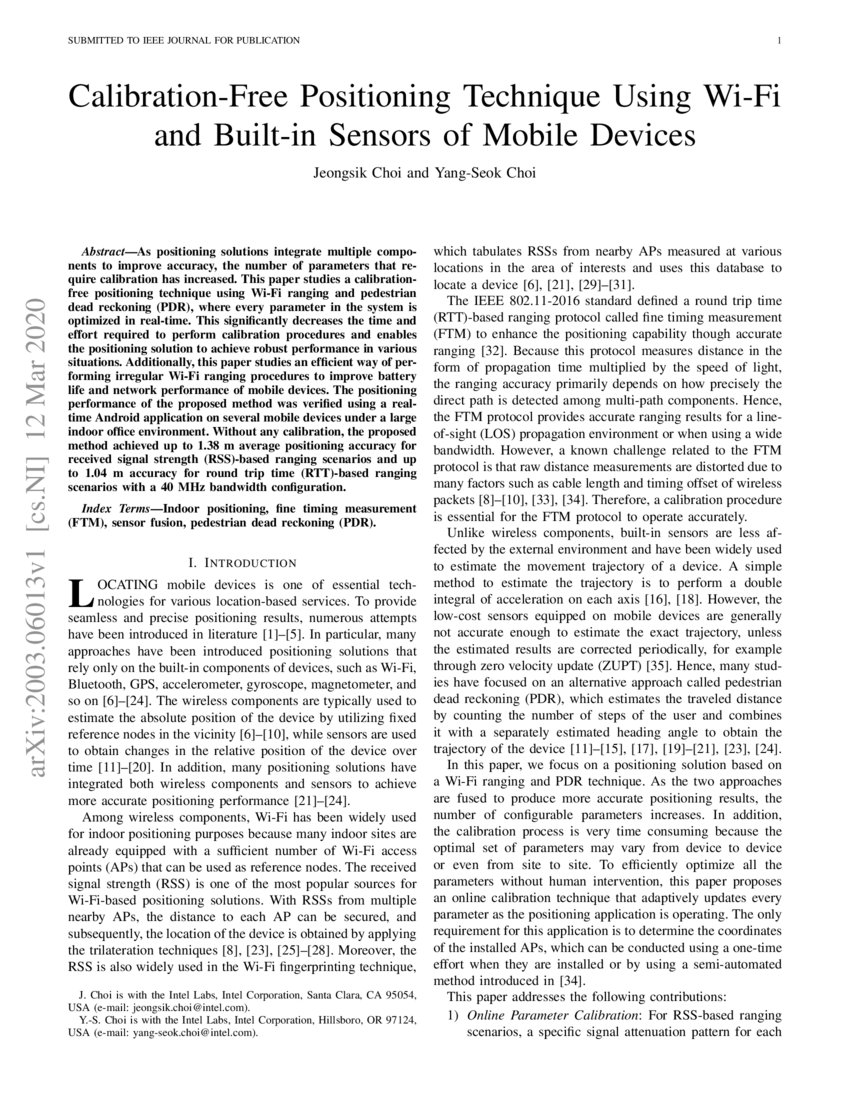 Calibration Free Positioning Technique Using Wi Fi And Built In Sensors Of Mobile Devices Deepai