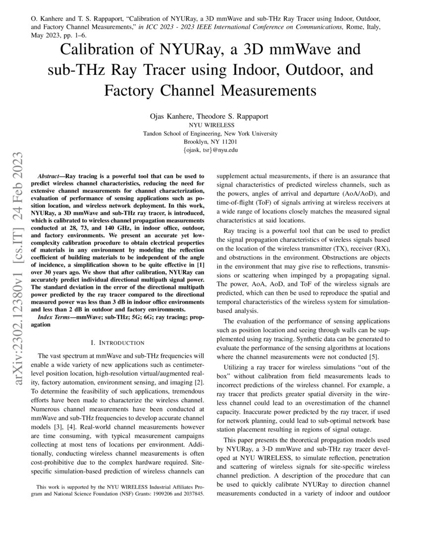 Calibration of NYURay, a 3D mmWave and sub-THz Ray Tracer using Indoor ...