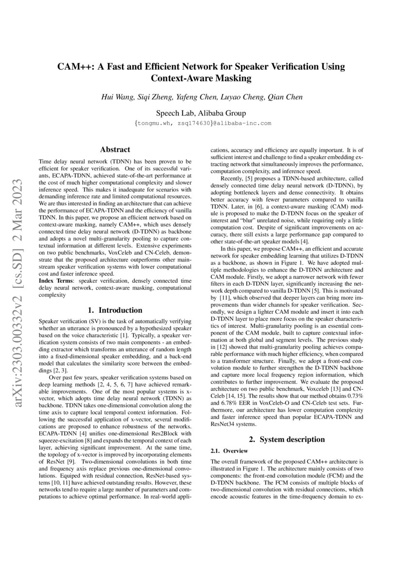 CAM++: A Fast and Efficient Network for Speaker Verification Using Context-Aware Masking | DeepAI