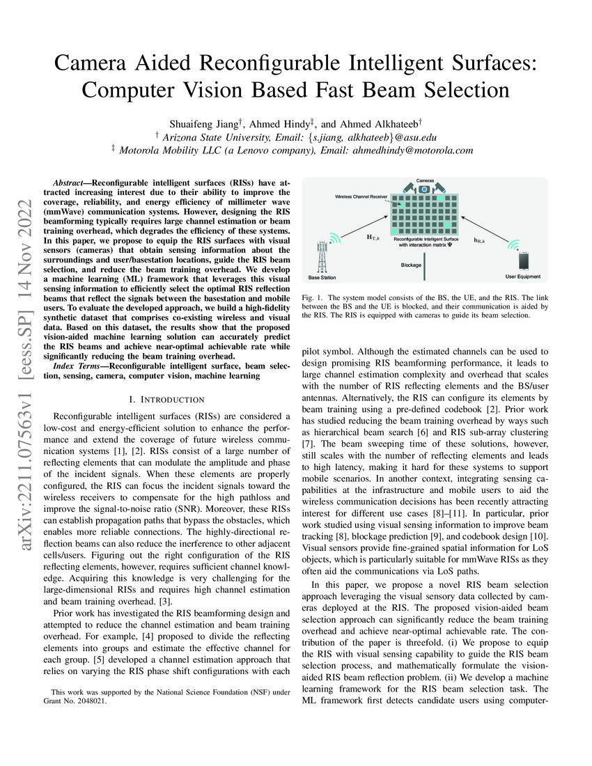 Camera Aided Reconfigurable Intelligent Surfaces: Computer Vision Based Fast Beam Selection | DeepAI