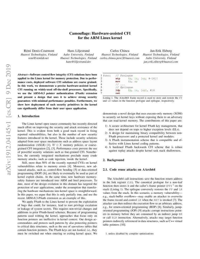 Camouflage: Hardware-assisted CFI for the ARM Linux kernel | DeepAI