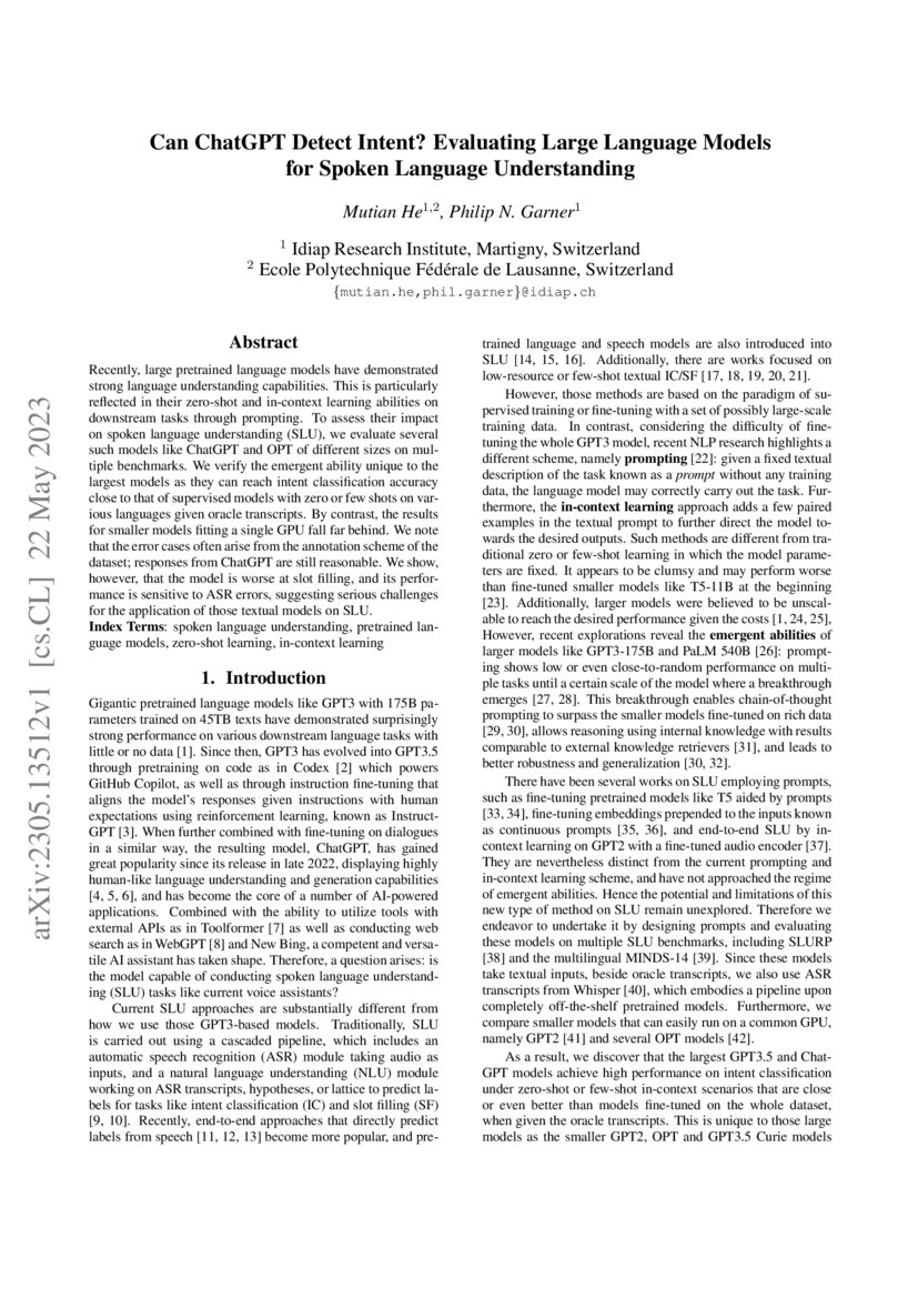 Can ChatGPT Detect Intent? Evaluating Large Language Models for Spoken Language Understanding ...