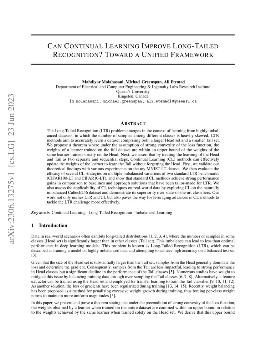 Can Continual Learning Improve Long Tailed Recognition Toward A Unified Framework Deepai