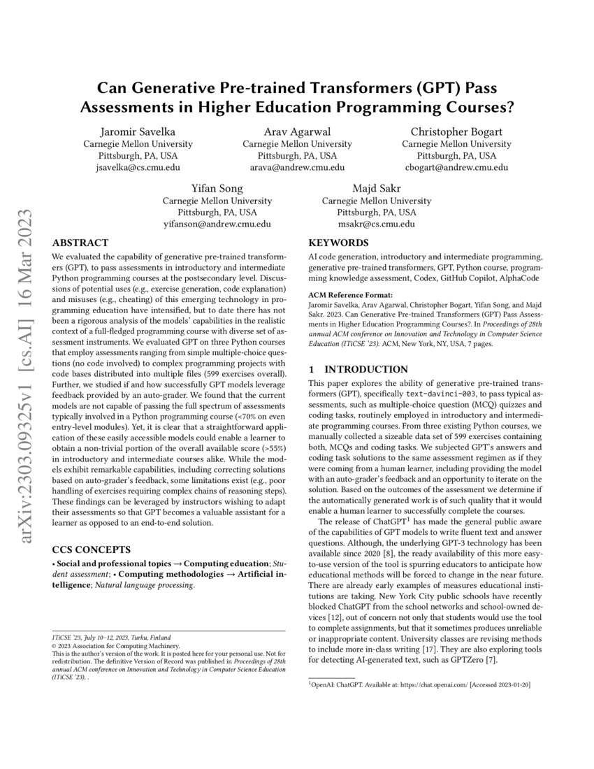 Can Generative Pre-trained Transformers (GPT) Pass Assessments in Higher Education Programming ...