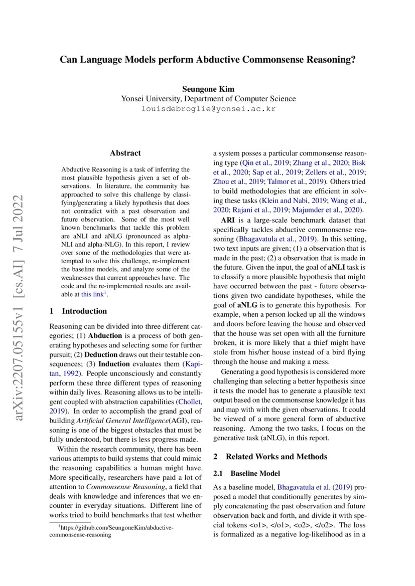 Can Language Models perform Abductive Commonsense Reasoning? | DeepAI