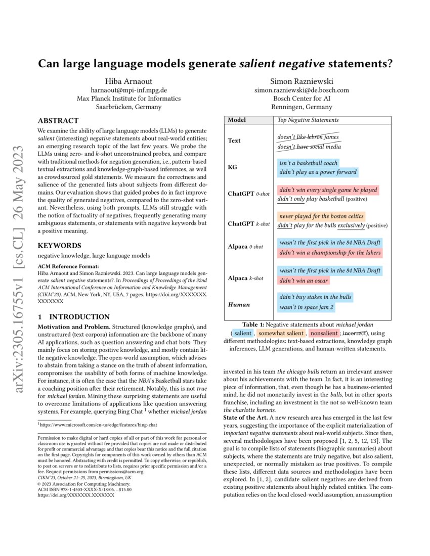 Can large language models generate salient negative statements? | DeepAI