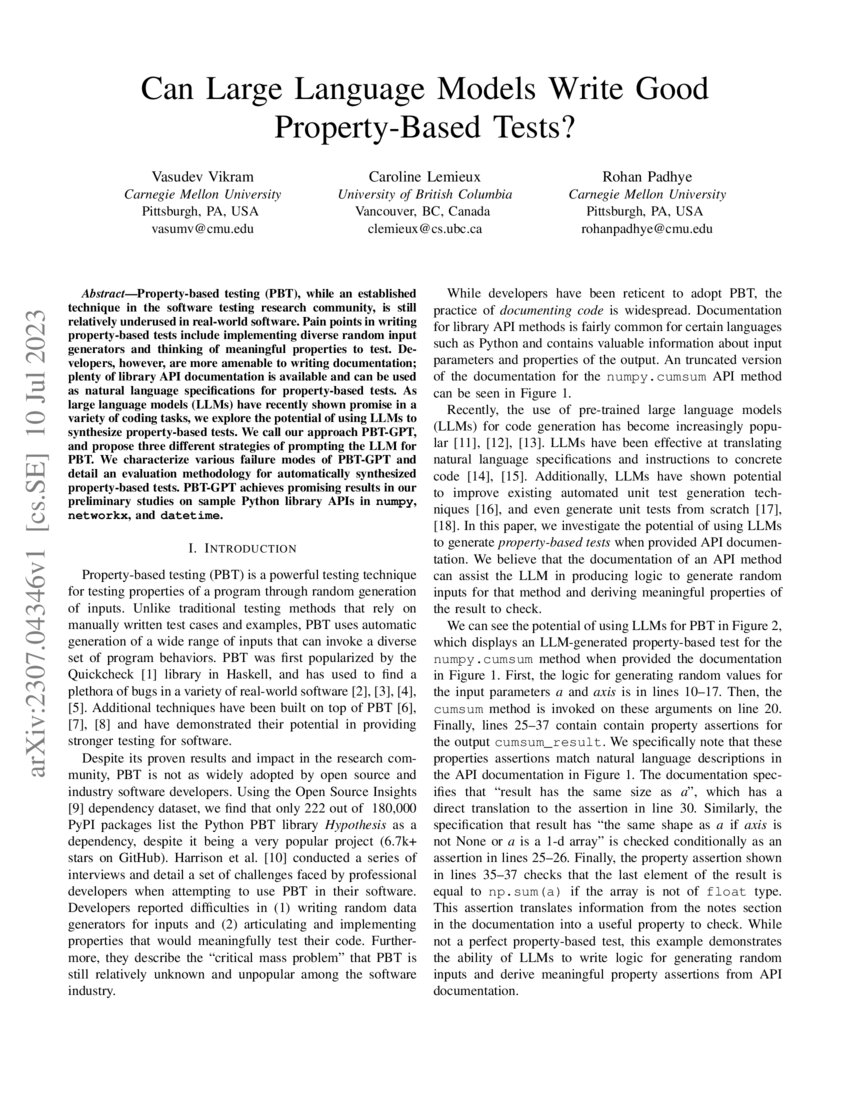 Can Large Language Models Write Good Property Based Tests Deepai
