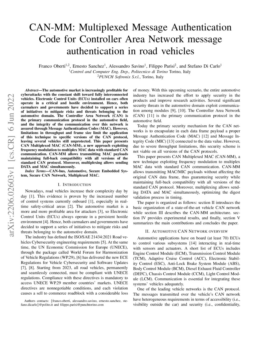 CAN-MM: Multiplexed Message Authentication Code for Controller Area ...