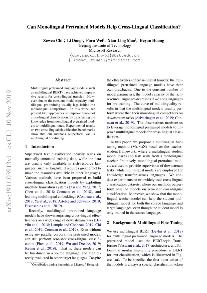 Can Monolingual Pretrained Models Help Cross-Lingual Classification? | DeepAI