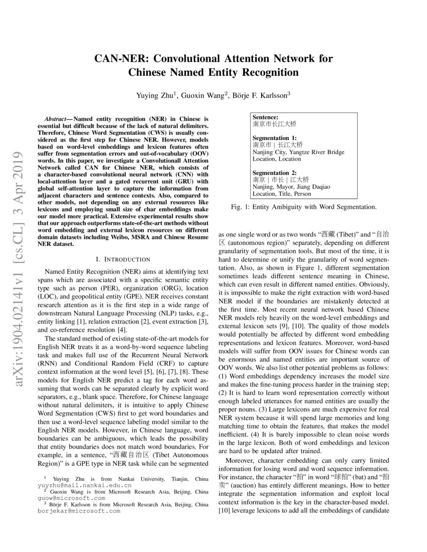 Can Ner Convolutional Attention Network Forchinese Named Entity Recognition Deepai