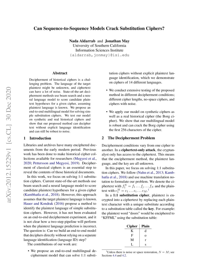 Can Sequence-to-Sequence Models Crack Substitution Ciphers? | DeepAI