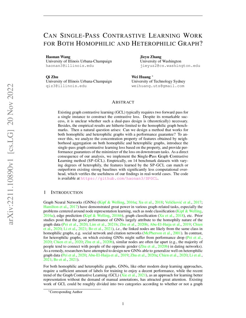 Can Single-Pass Contrastive Learning Work for Both Homophilic and ...