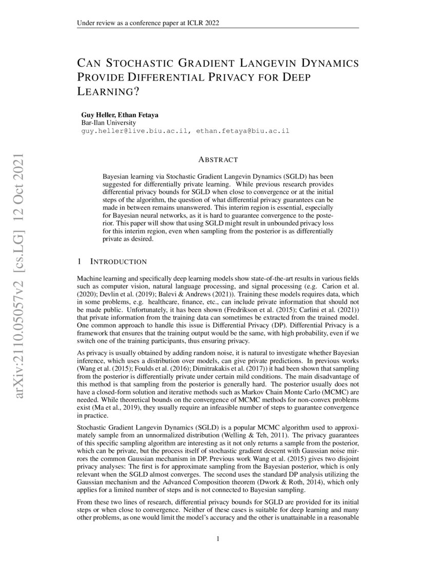 Can Stochastic Gradient Langevin Dynamics Provide Differential Privacy for Deep Learning? | DeepAI