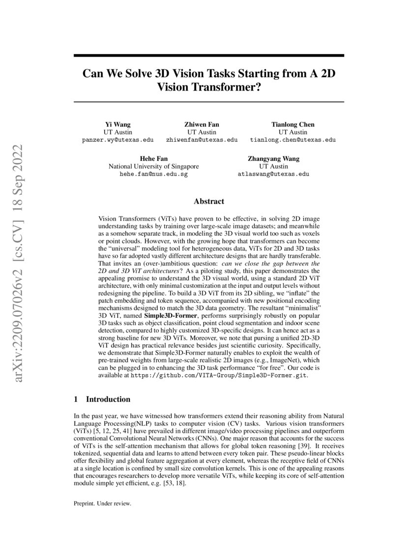 Can We Solve 3D Vision Tasks Starting from A 2D Vision Transformer ...