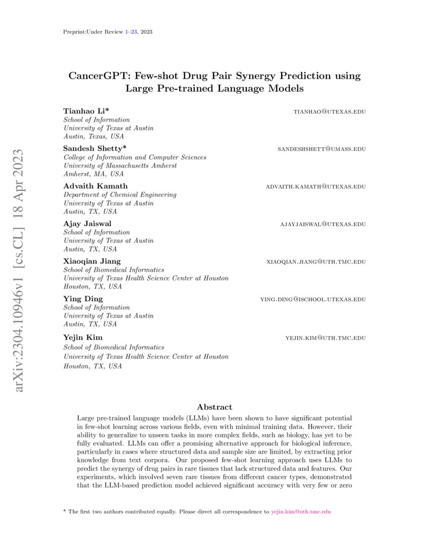 Cancergpt Few Shot Drug Pair Synergy Prediction Using Large Pre Trained Language Models Deepai