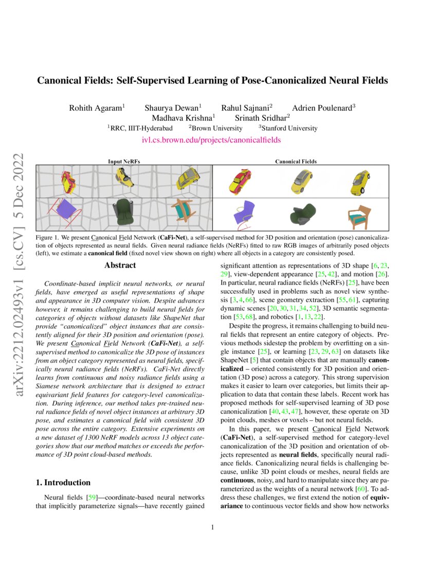 Canonical Fields: Self-Supervised Learning of Pose-Canonicalized Neural Fields | DeepAI