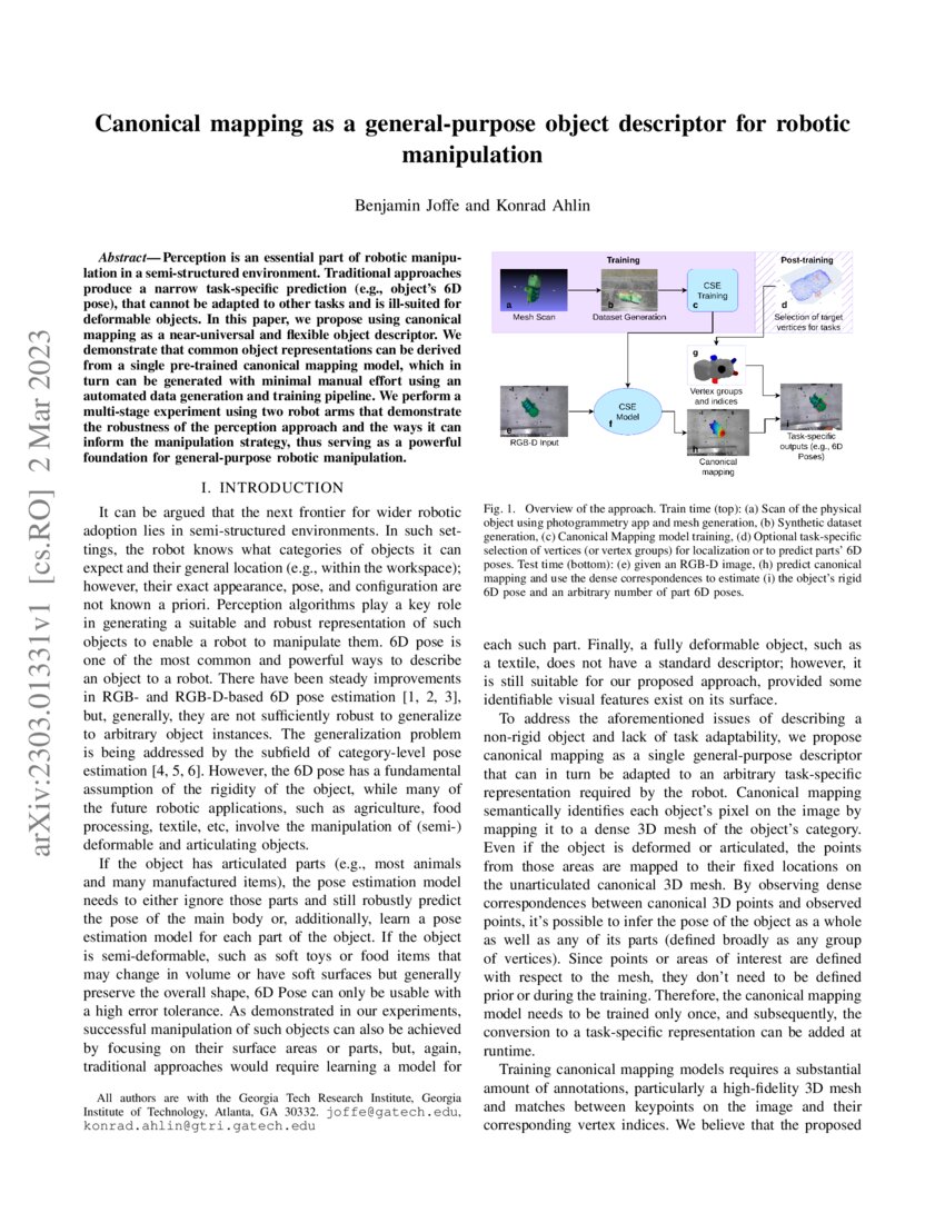 Canonical mapping as a general-purpose object descriptor for robotic manipulation | DeepAI