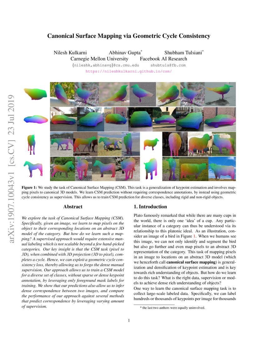 Canonical Surface Mapping via Geometric Cycle Consistency | DeepAI