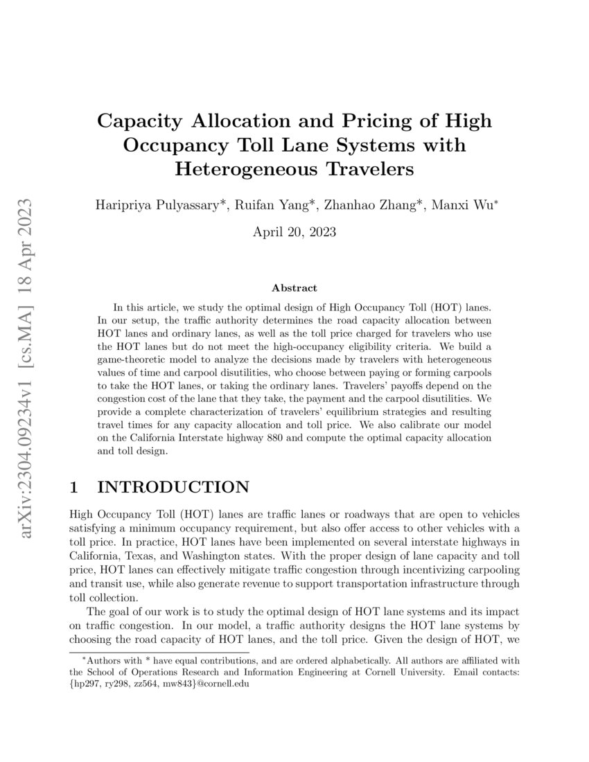 Capacity Allocation and Pricing of High Occupancy Toll Lane Systems with Heterogeneous Travelers ...