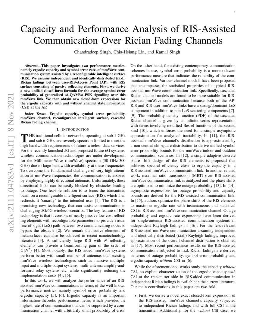 Capacity and Performance Analysis of RIS-Assisted Communication Over Rician Fading Channels | DeepAI