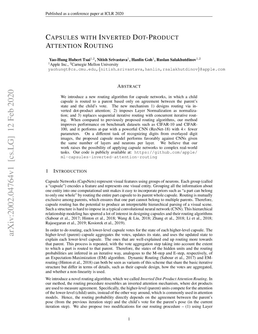 Capsules with Inverted Dot-Product Attention Routing | DeepAI