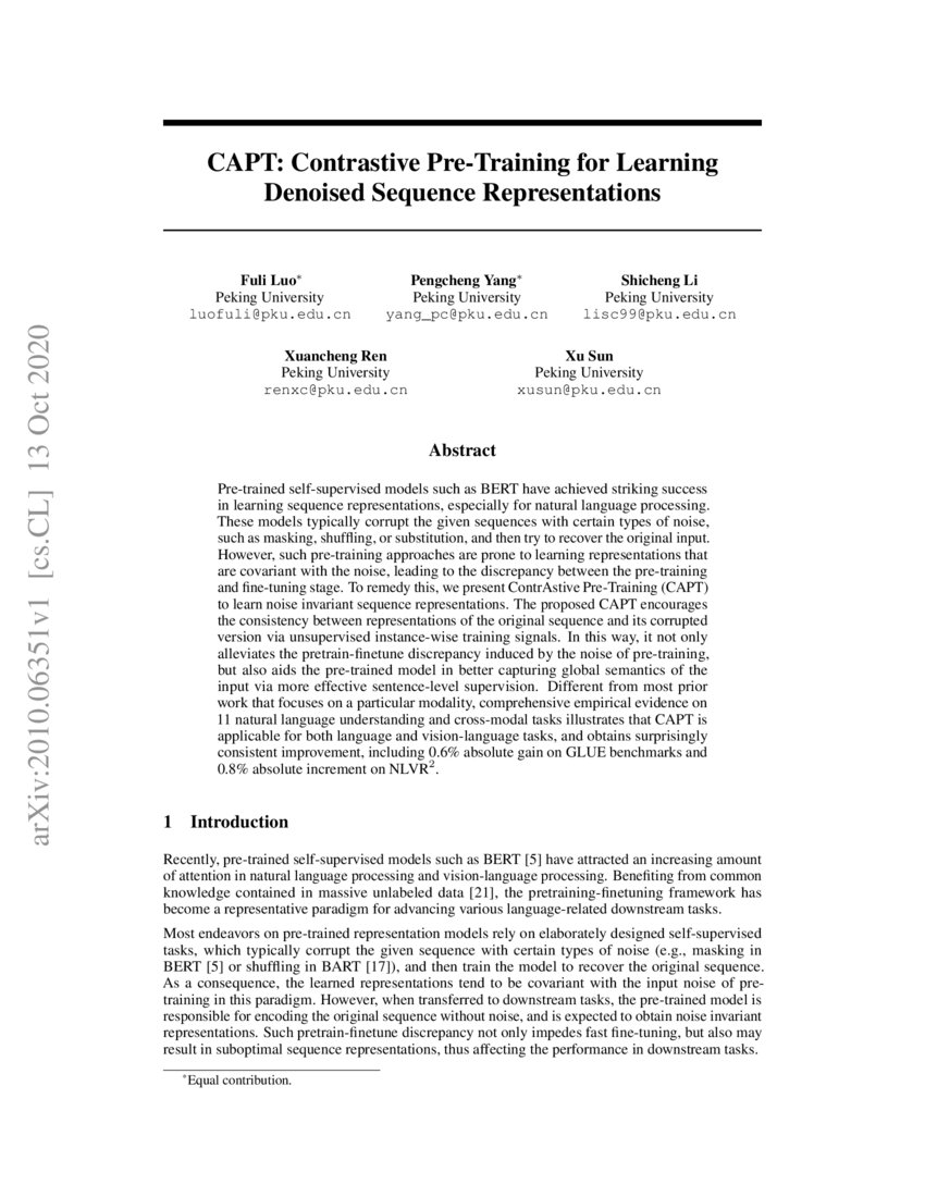 CAPT: Contrastive Pre-Training for LearningDenoised Sequence Representations | DeepAI