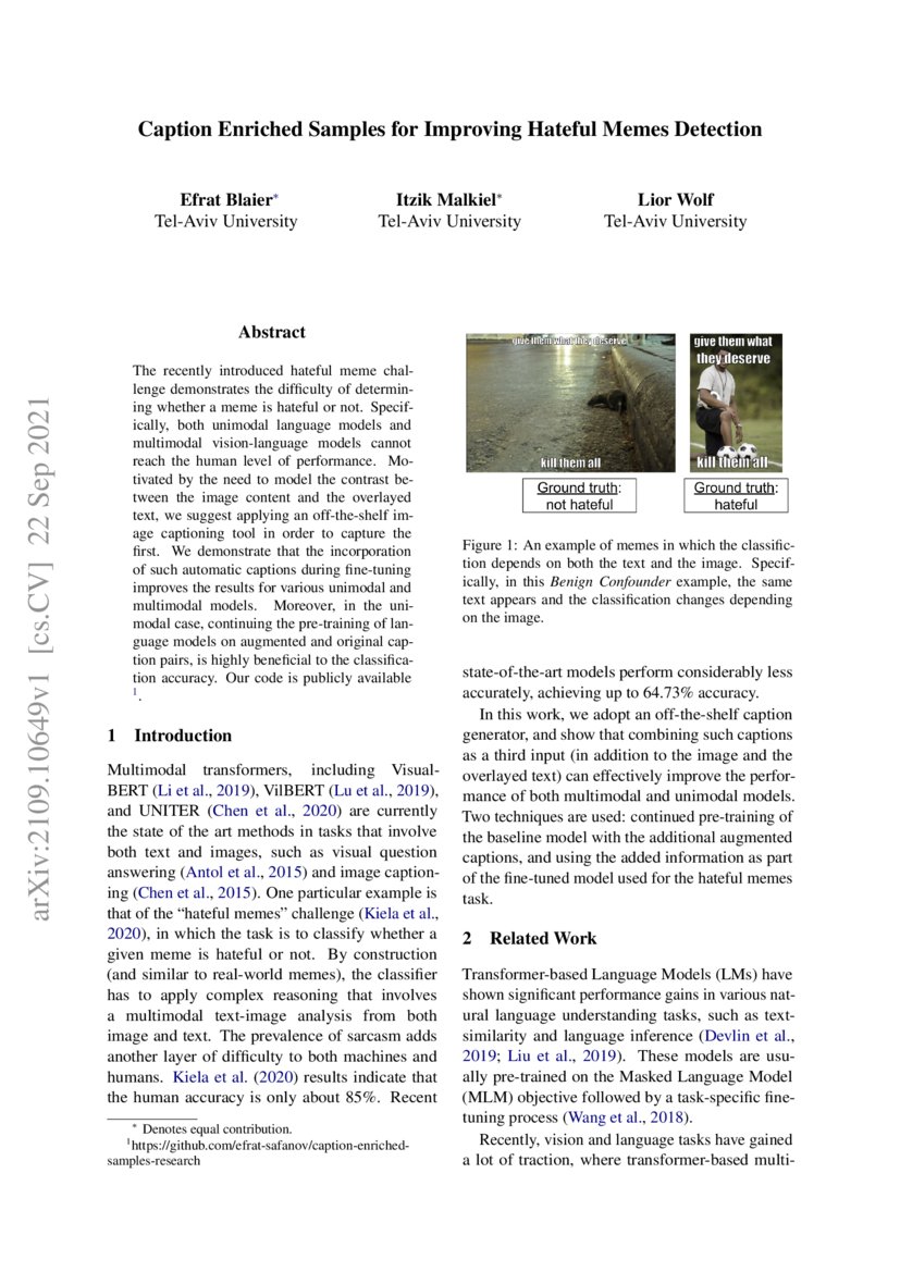 Caption Enriched Samples for Improving Hateful Memes Detection | DeepAI
