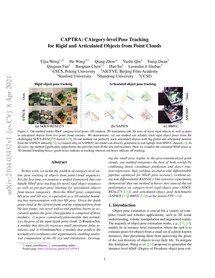 CAPTRA: CAtegory-level Pose Tracking for Rigid and Articulated Objects from Point Clouds | DeepAI