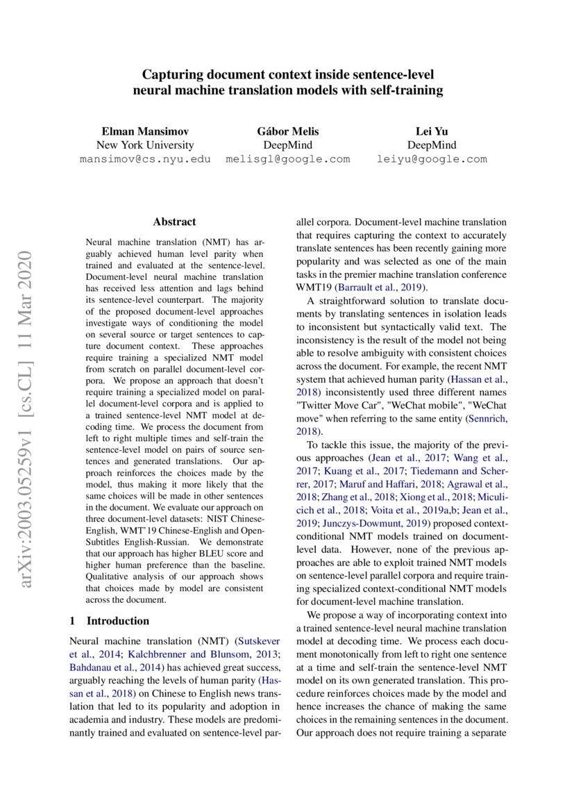 Capturing Document Context Inside Sentence Level Neural Machine Translation Models With Self
