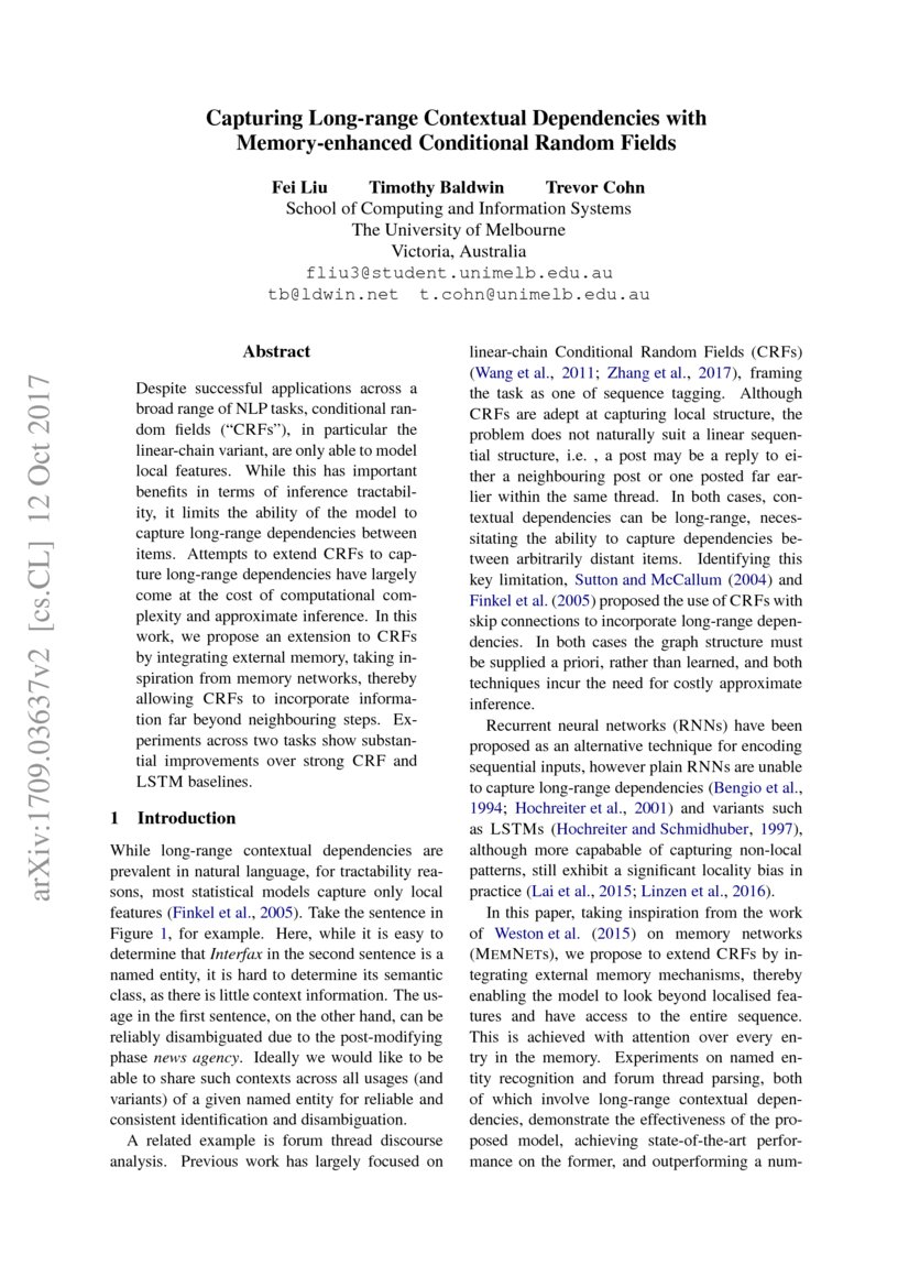 Capturing Long Range Contextual Dependencies With Memory Enhanced Conditional Random Fields Deepai