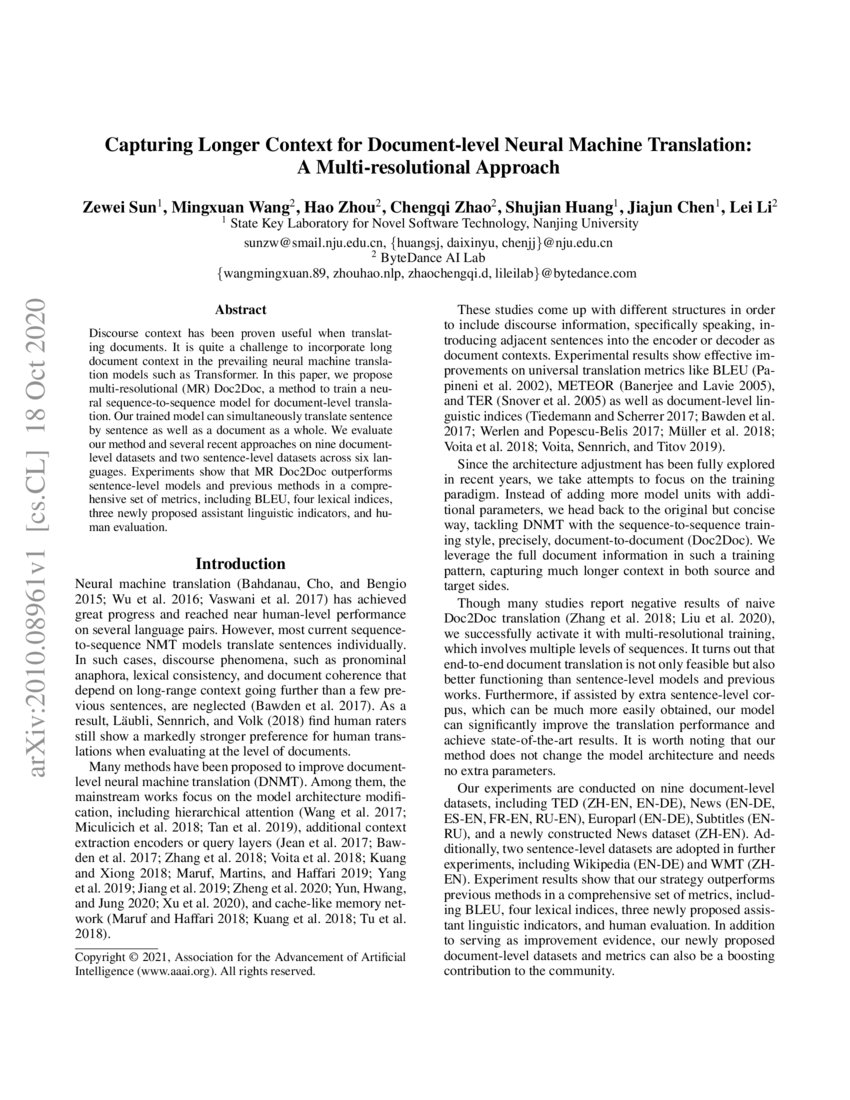 Capturing Longer Context For Document Level Neural Machine Translation A Multi Resolutional