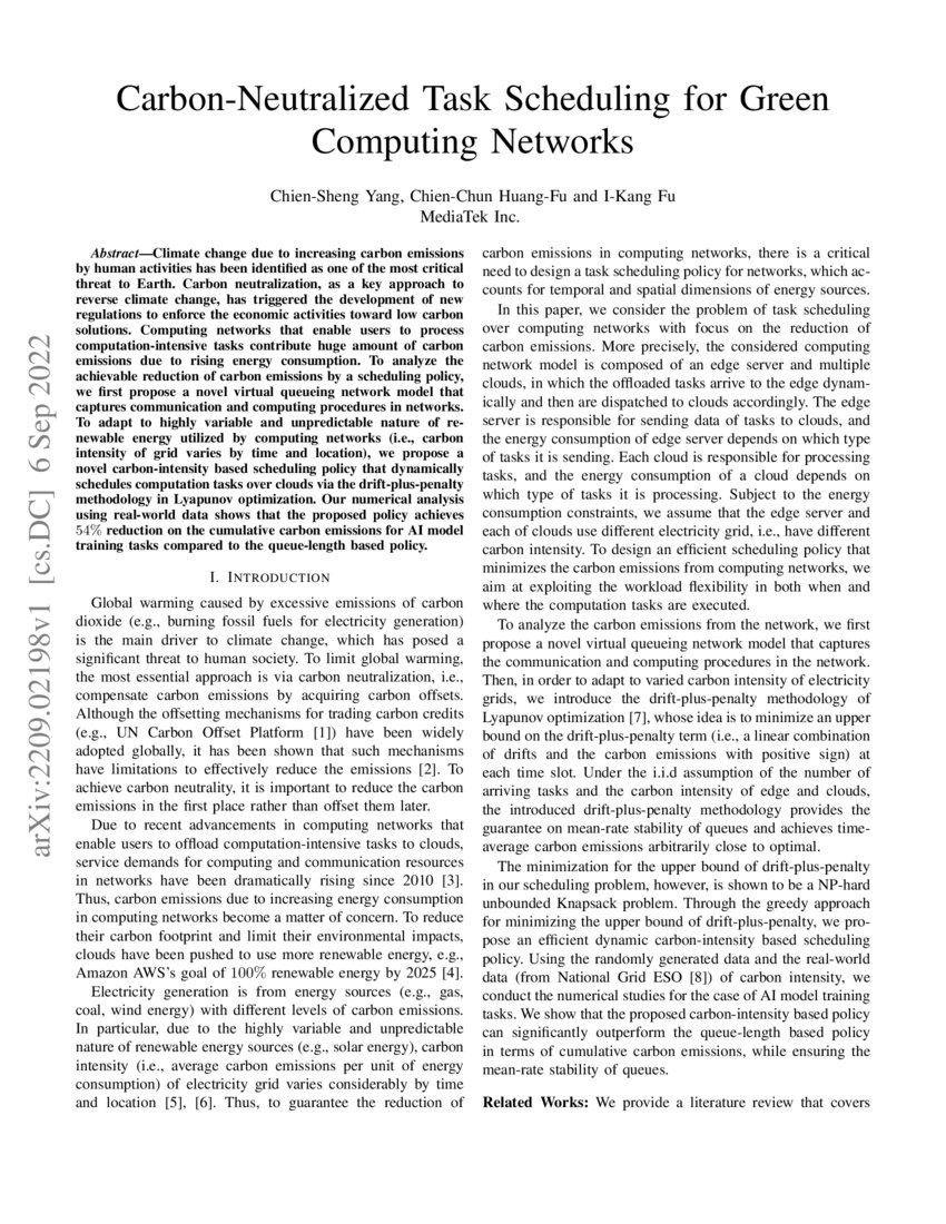 Carbon-Neutralized Task Scheduling for Green Computing Networks | DeepAI