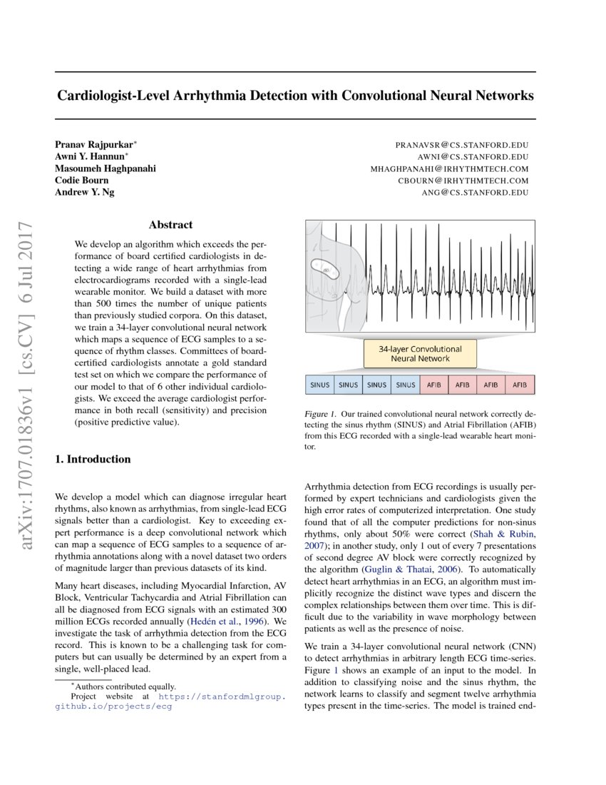 Cardiologist Level Arrhythmia Detection With Convolutional Neural Networks Deepai