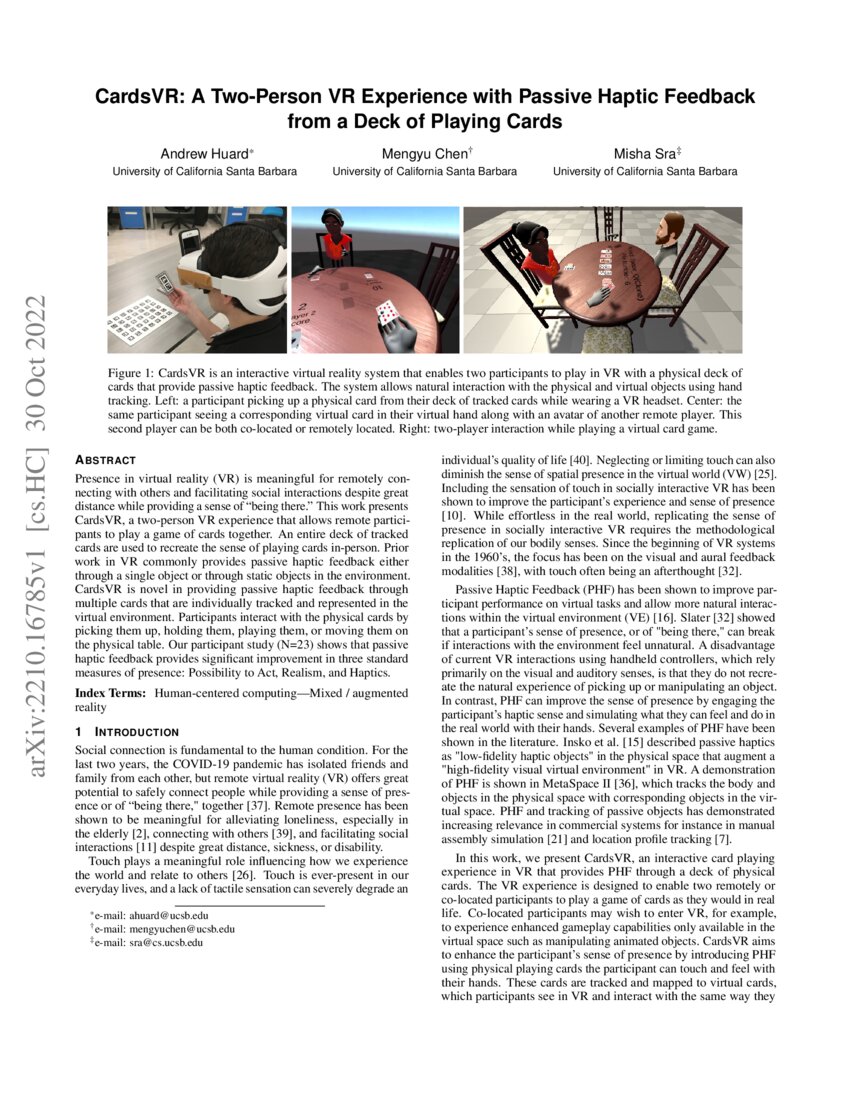 CardsVR: A Two-Person VR Experience with Passive Haptic Feedback from a ...