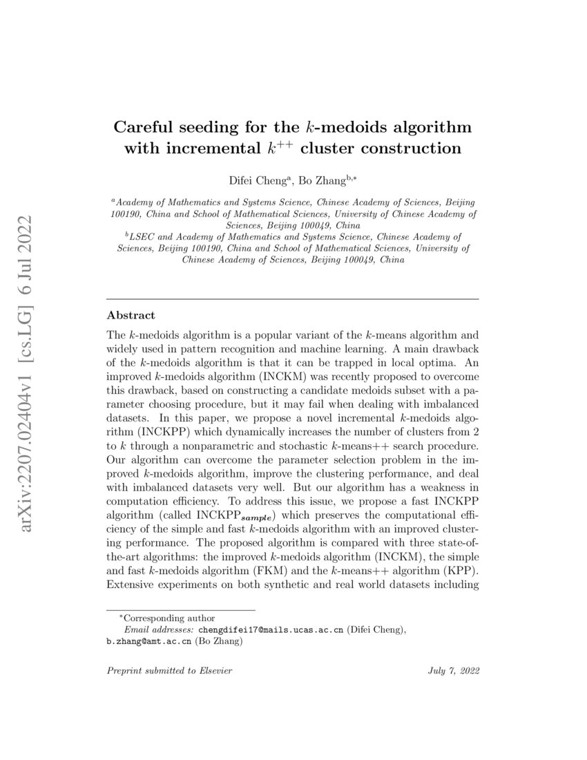 Careful Seeding For The K Medoids Algorithm With Incremental K Cluster Construction Deepai
