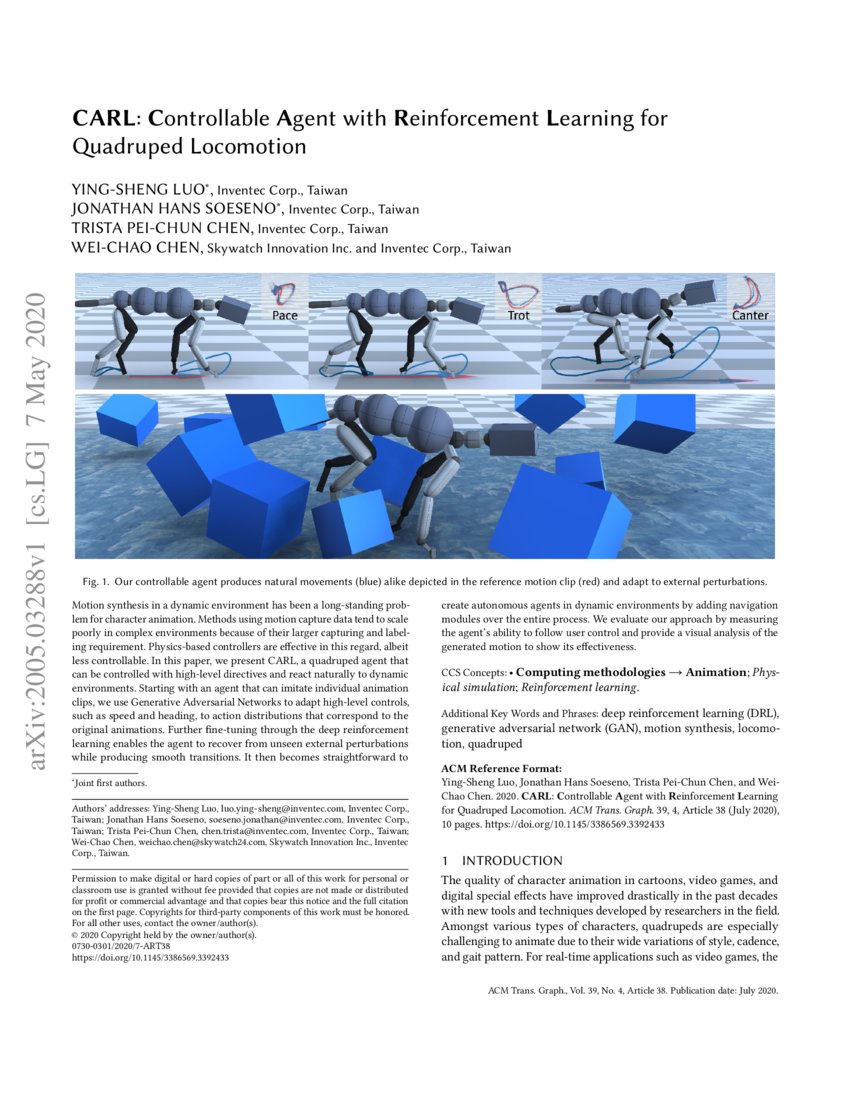 CARL: Controllable Agent with Reinforcement Learning for Quadruped Locomotion | DeepAI