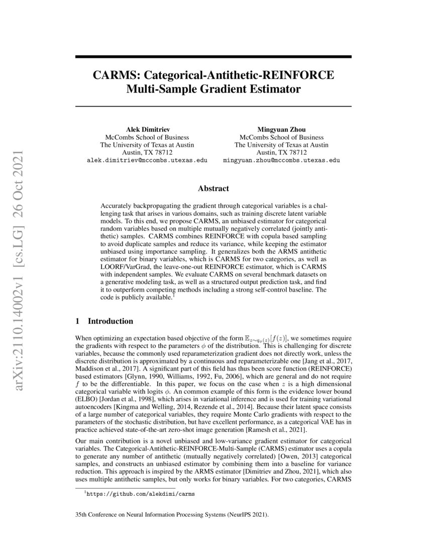 CARMS: Categorical-Antithetic-REINFORCE Multi-Sample Gradient Estimator ...