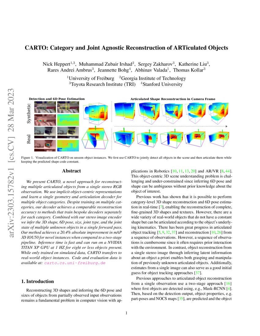 CARTO: Category and Joint Agnostic Reconstruction of ARTiculated Objects | DeepAI