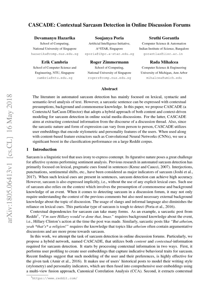 CASCADE: Contextual Sarcasm Detection in Online Discussion Forums | DeepAI