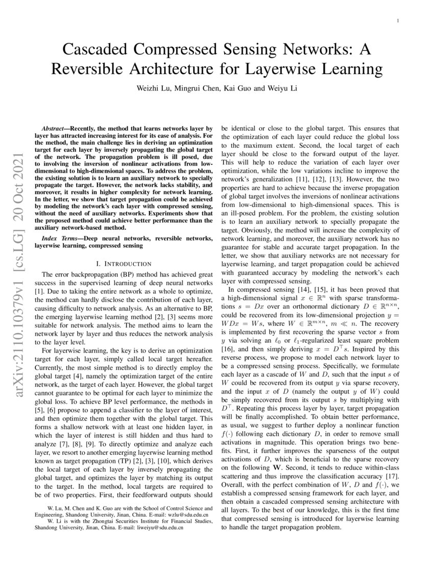Cascaded Compressed Sensing Networks: A Reversible Architecture for Layerwise Learning | DeepAI