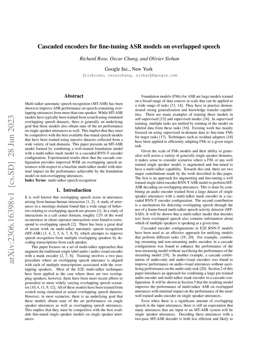 Cascaded encoders for fine-tuning ASR models on overlapped speech | DeepAI