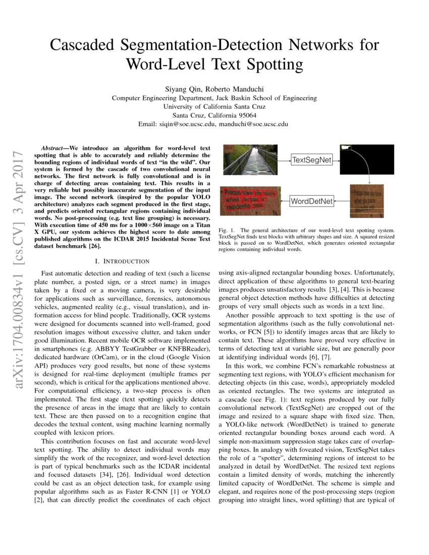 Cascaded Segmentation Detection Networks For Word Level Text Spotting