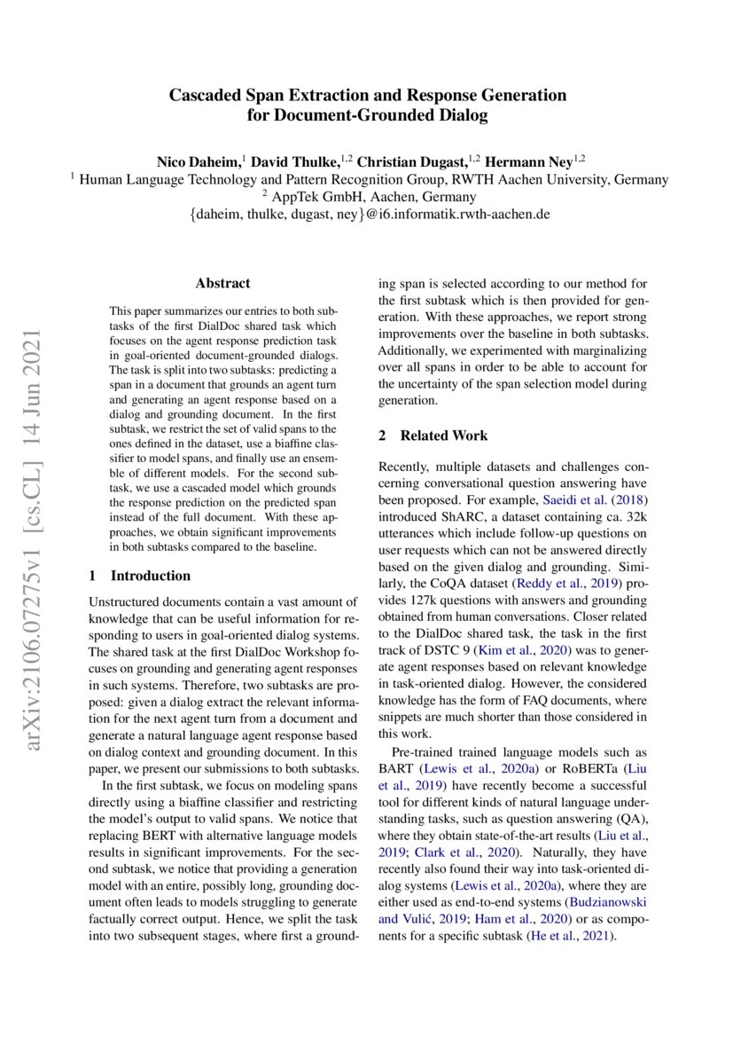 Cascaded Span Extraction And Response Generation For Document Grounded