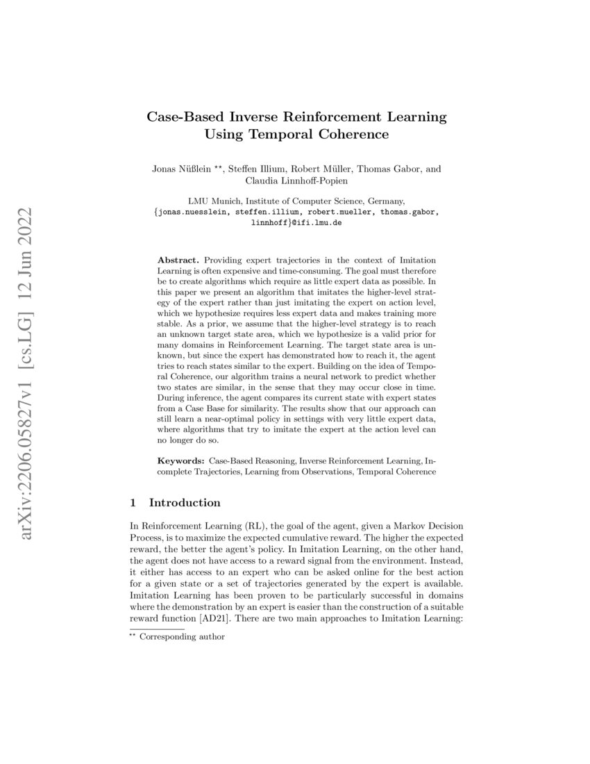Case-Based Inverse Reinforcement Learning Using Temporal Coherence | DeepAI